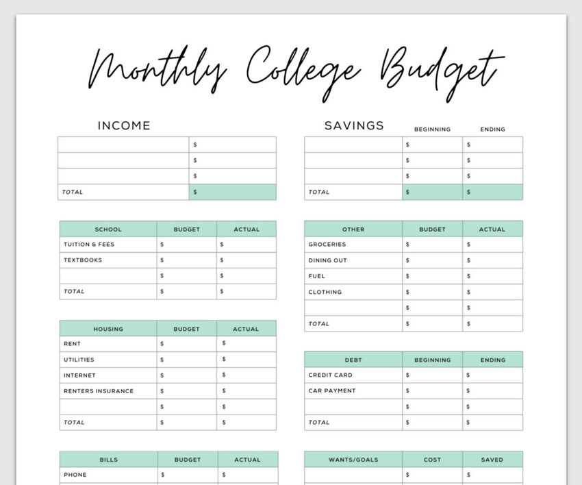 College Student Budget Worksheet